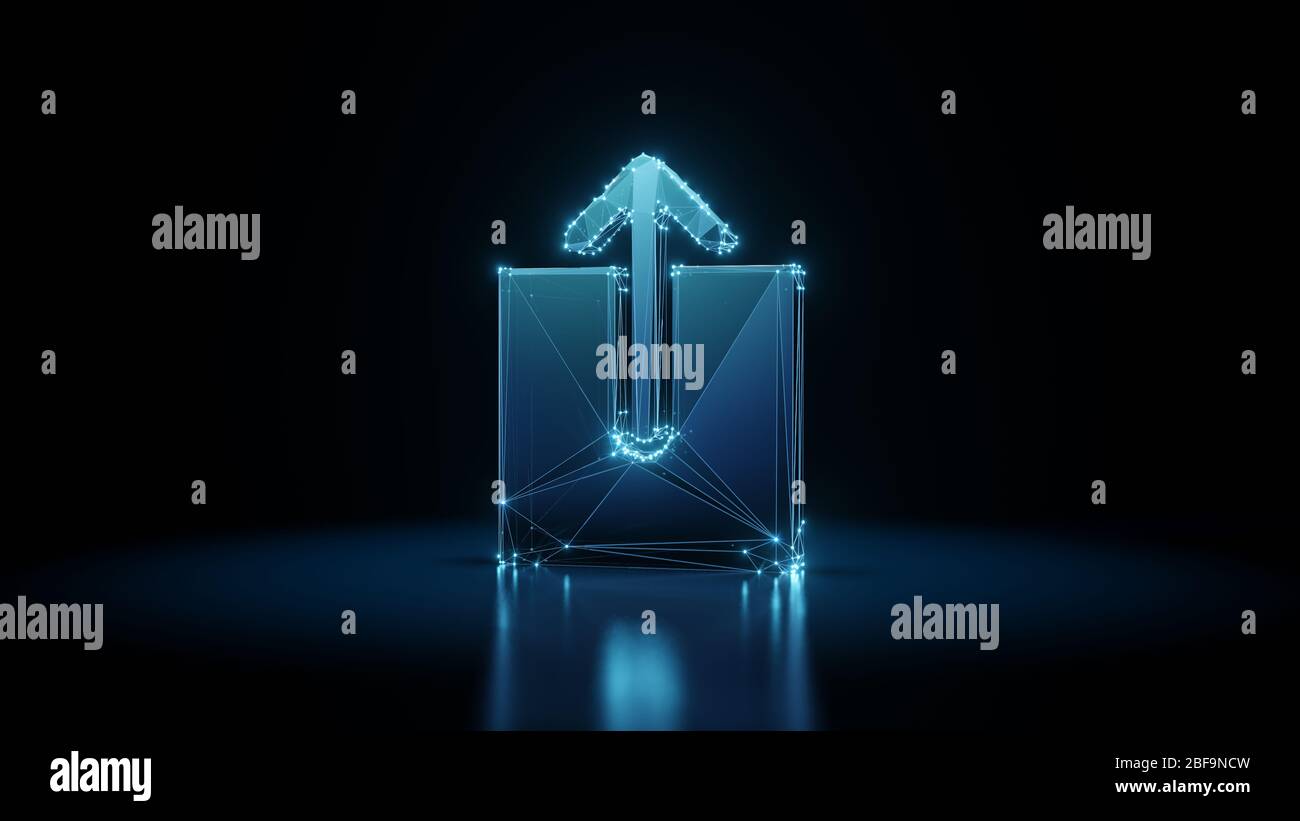 3d rendering wireframe digital techno neon glowing symbol of box and up arrow inside with ...