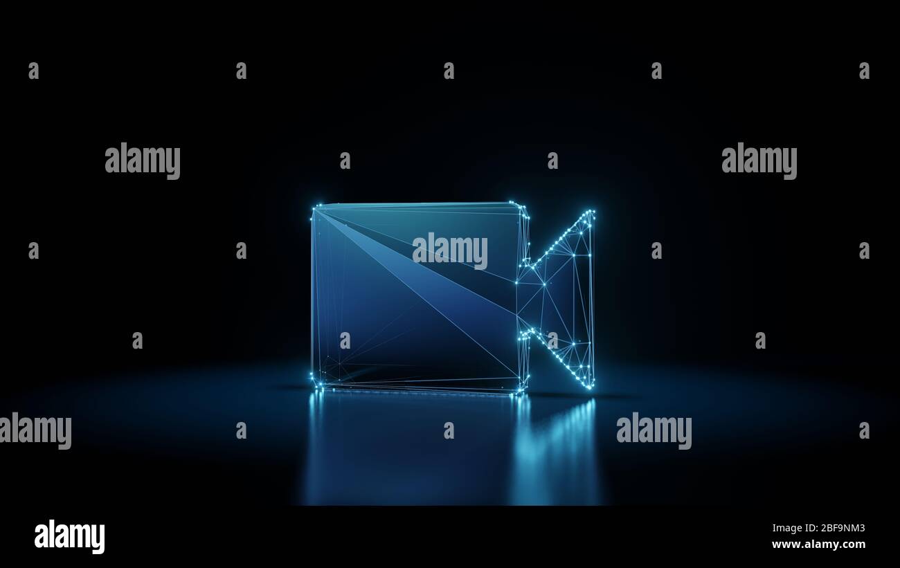3d rendering wireframe digital techno neon glowing symbol of camera ...