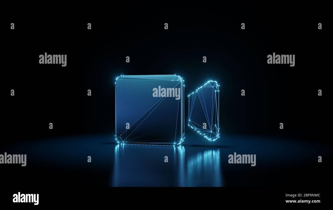 3d rendering wireframe digital techno neon glowing symbol of camera with shining dots on black ...