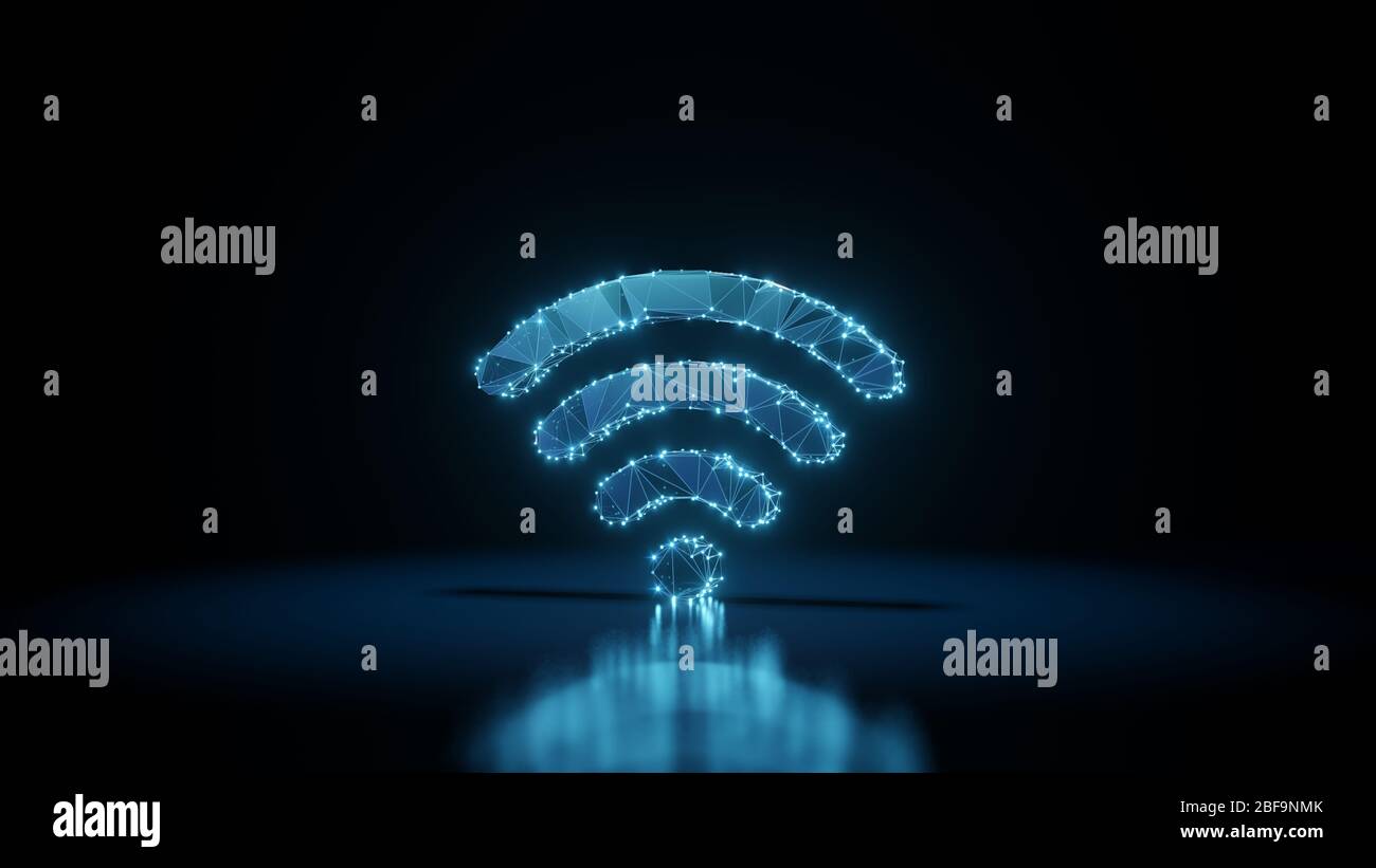 3d rendering wireframe digital techno neon glowing symbol of Wi-Fi signal with signal waves and ...