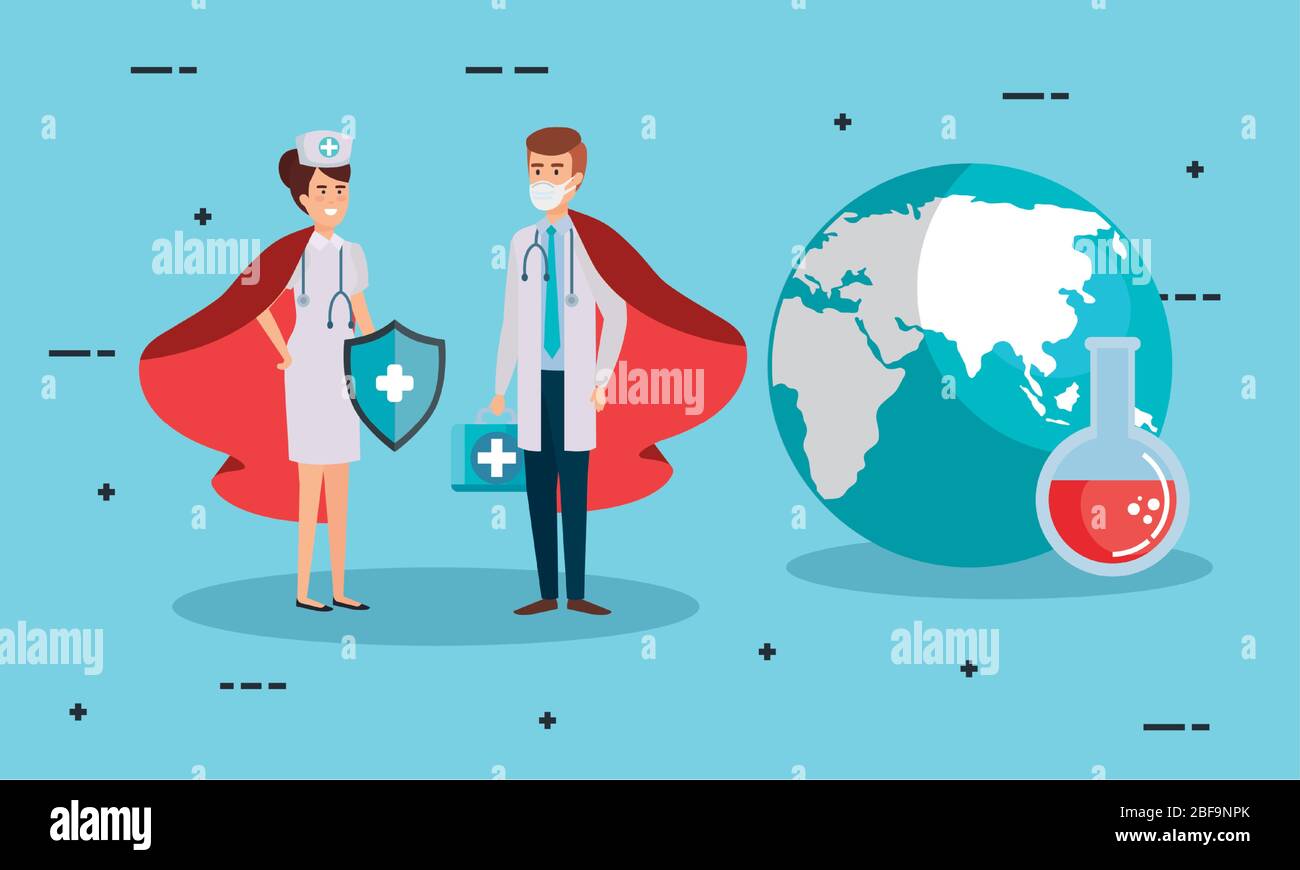 super doctors couple with hero cloak and medicine icons Stock Vector ...