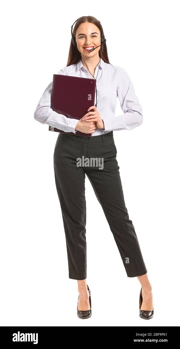 Beautiful young secretary on white background Stock Photo - Alamy