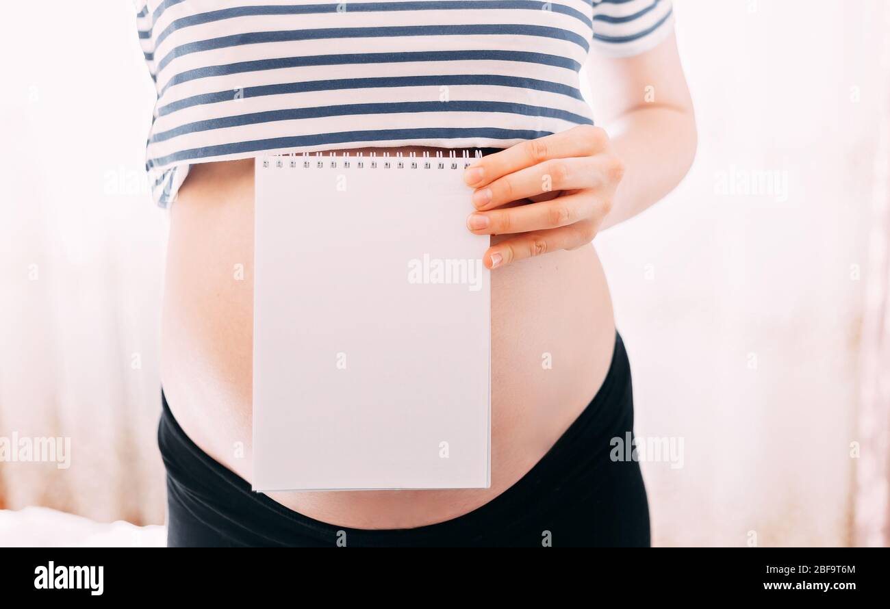 Cheerful pregnant woman making notes in jotter, focuse on paper, belly ...