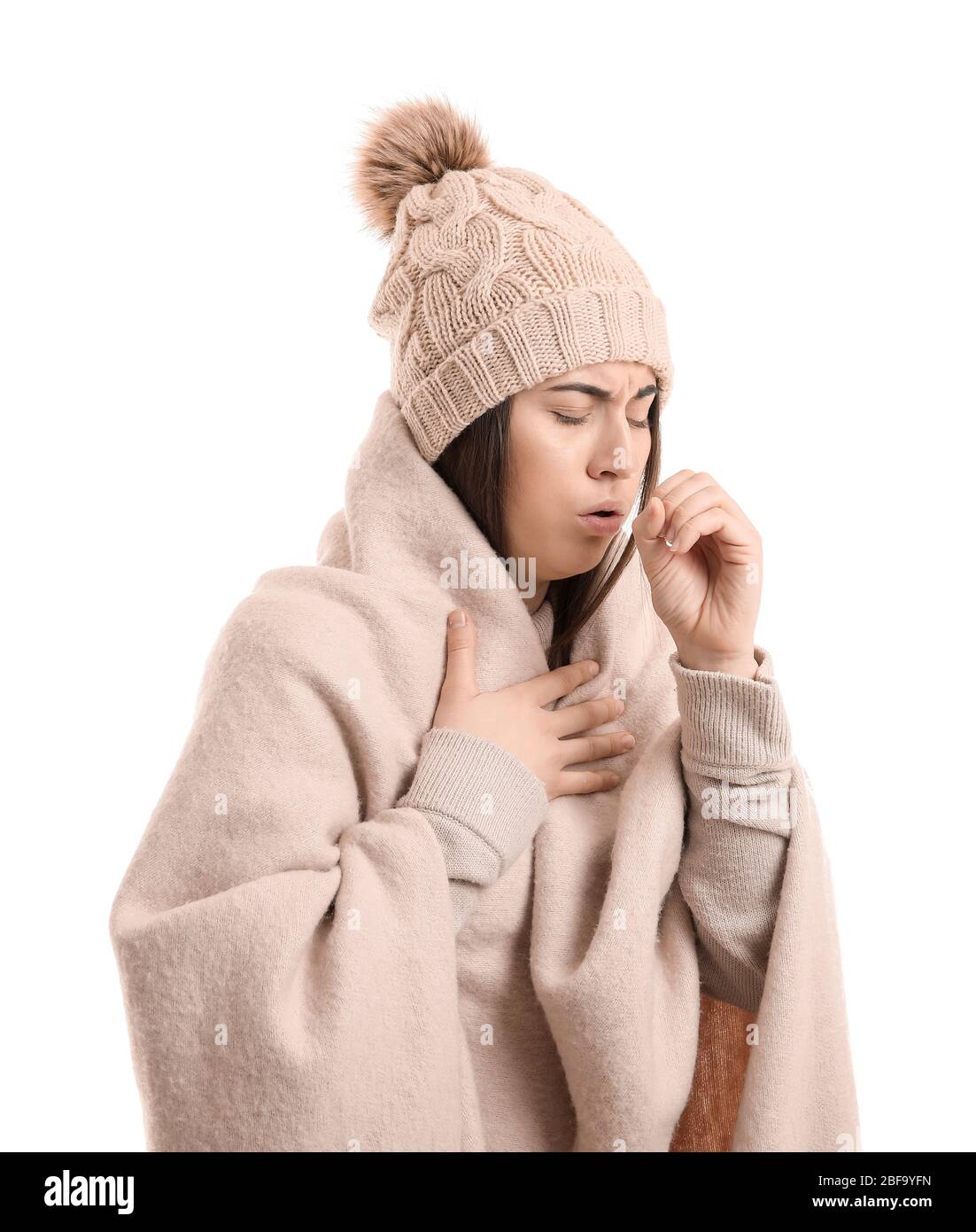 Coughing young woman on white background Stock Photo - Alamy