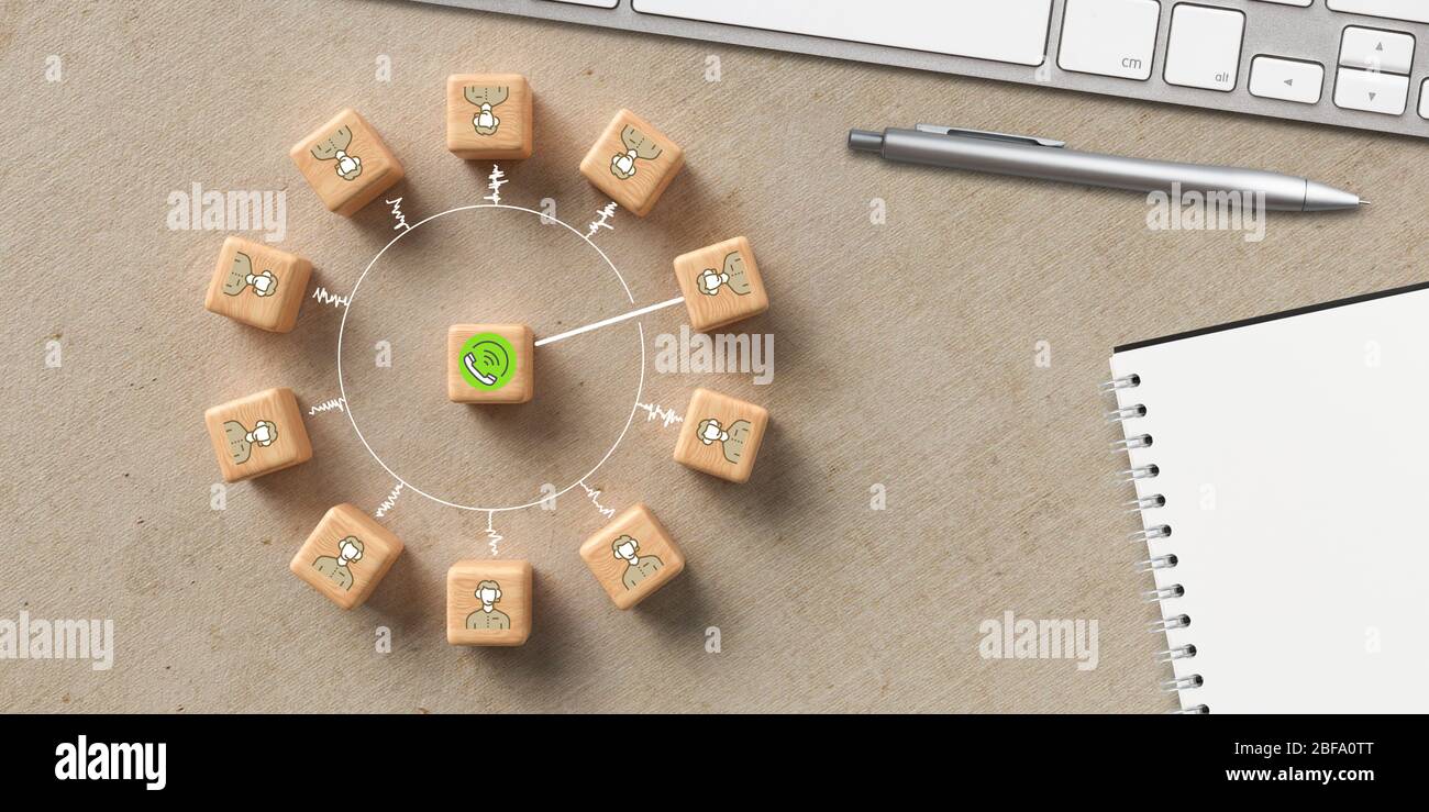 cubes with icons symbolizing a call center surrounded by a keyboard and ...