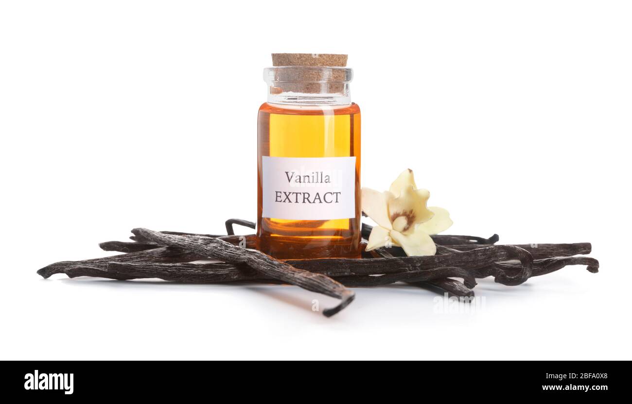 Bottle of vanilla extract on white background Stock Photo - Alamy