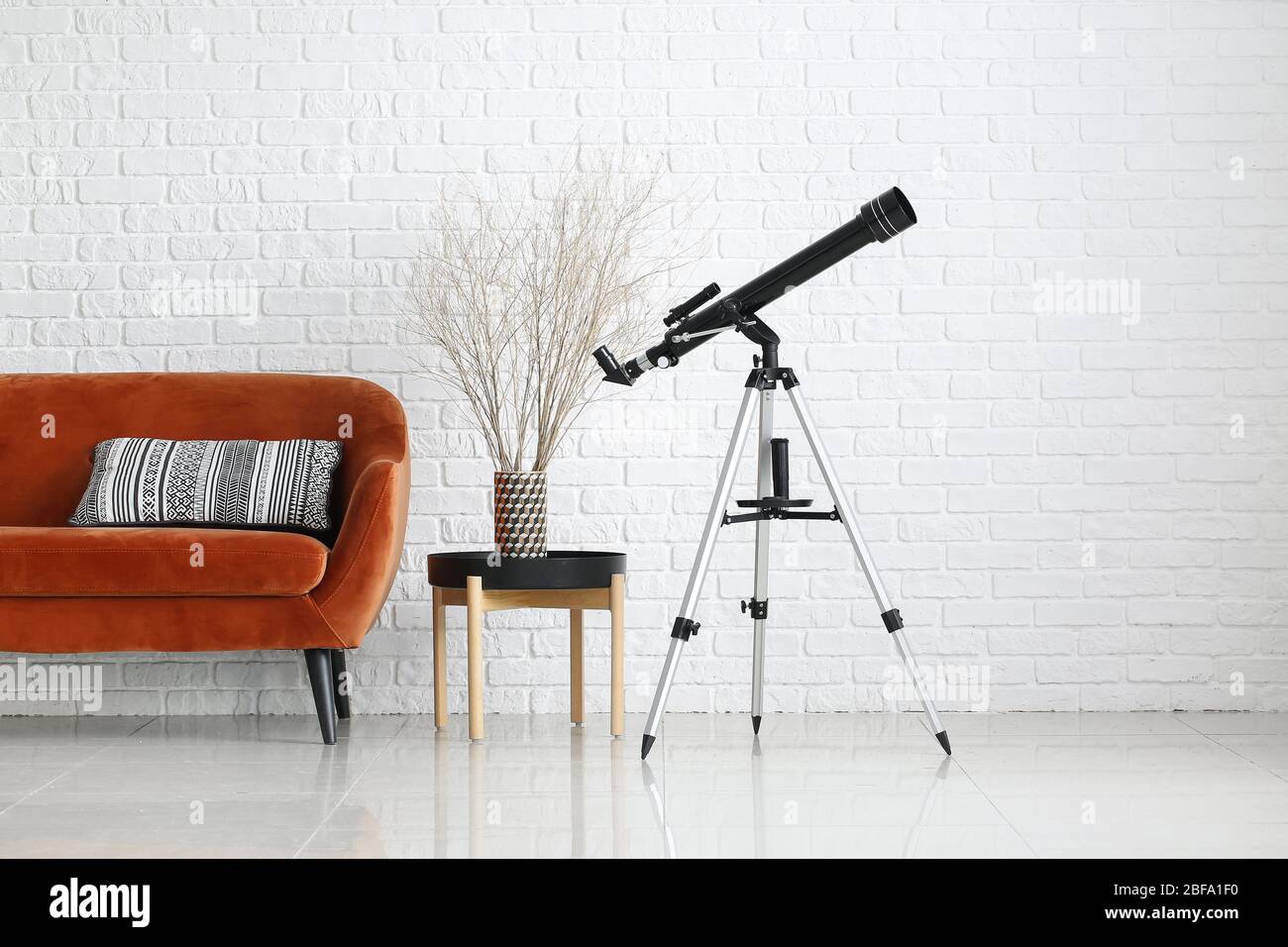 Interior of modern room with telescope Stock Photo - Alamy