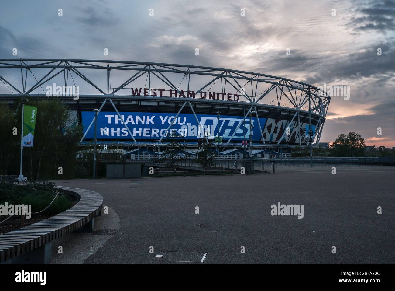 London, UK - April 2 2020. The London Stadium displays a blue 'Thank ...