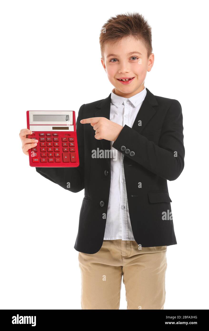 Little boy with calculator on white background Stock Photo - Alamy