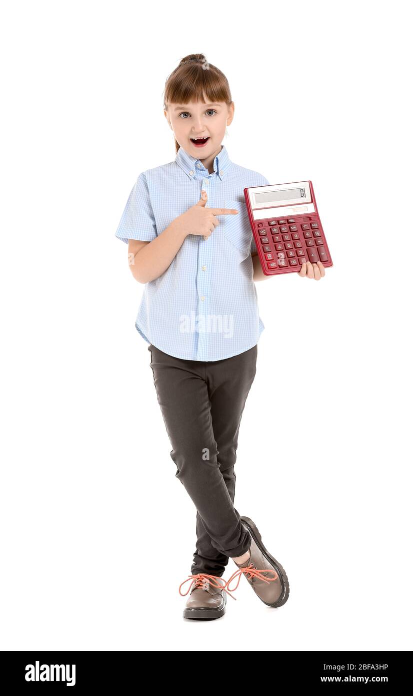 Little girl with calculator on white background Stock Photo - Alamy