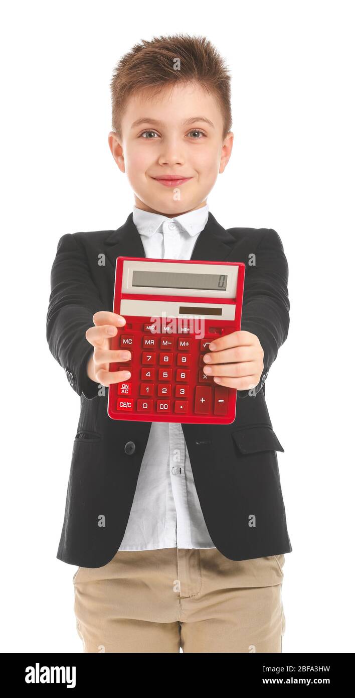 Little boy with calculator on white background Stock Photo - Alamy