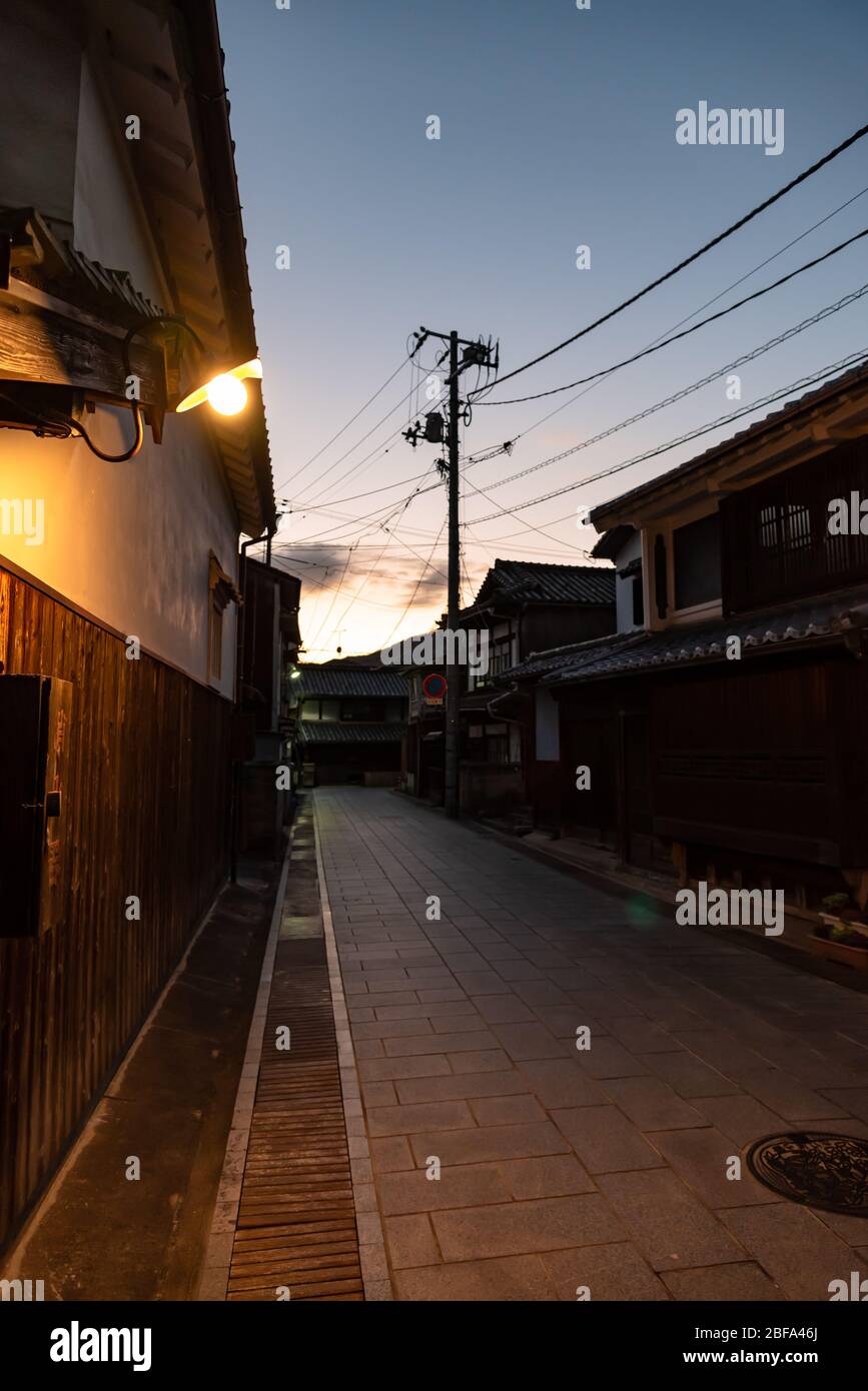 Takehara Townscape Conservation Area in dusk. The streets lined with ...