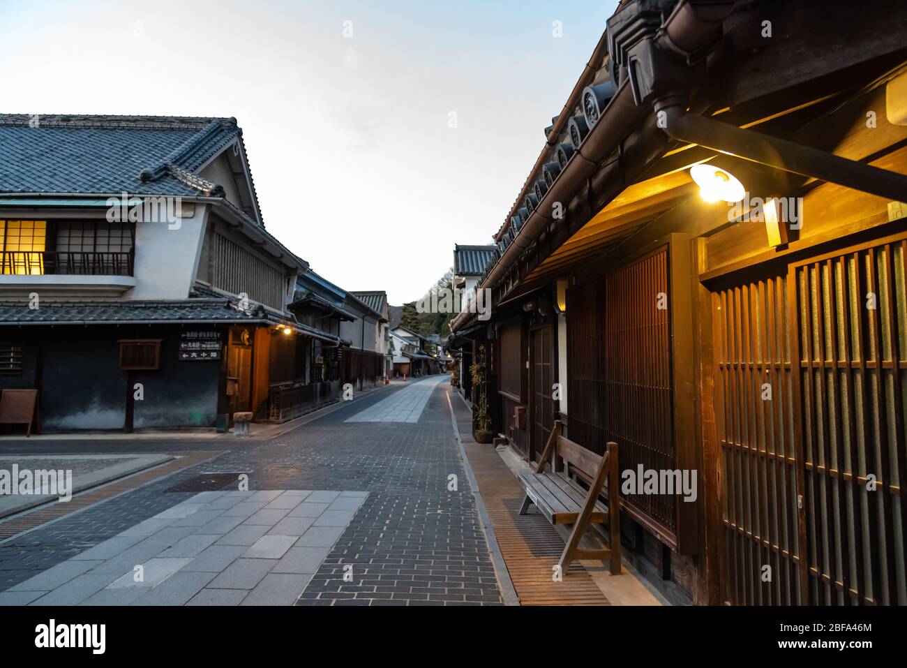 Takehara Townscape Conservation Area in dusk. The streets lined with ...