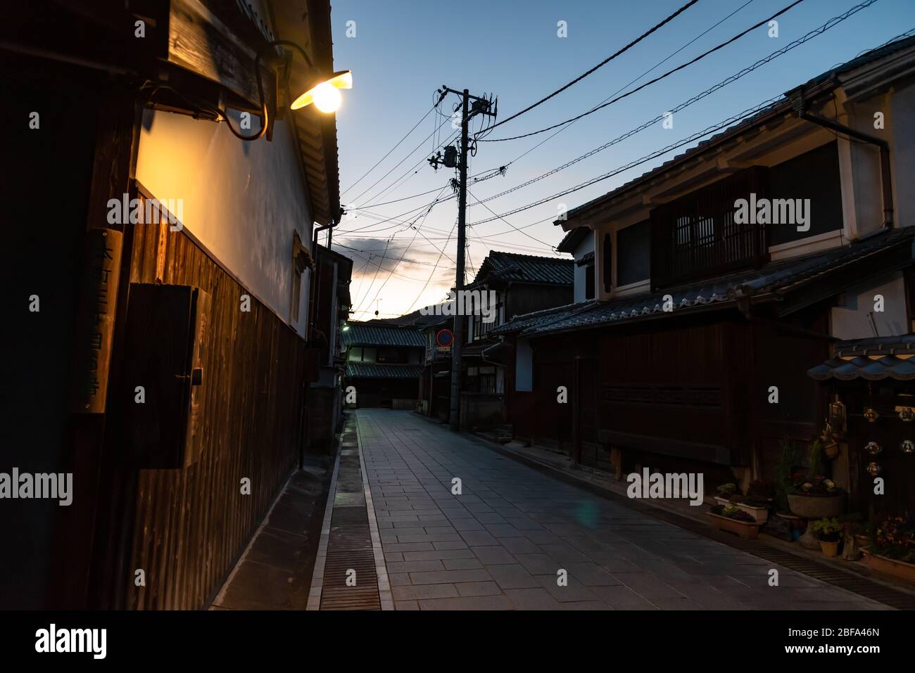 Takehara Townscape Conservation Area in dusk. The streets lined with ...
