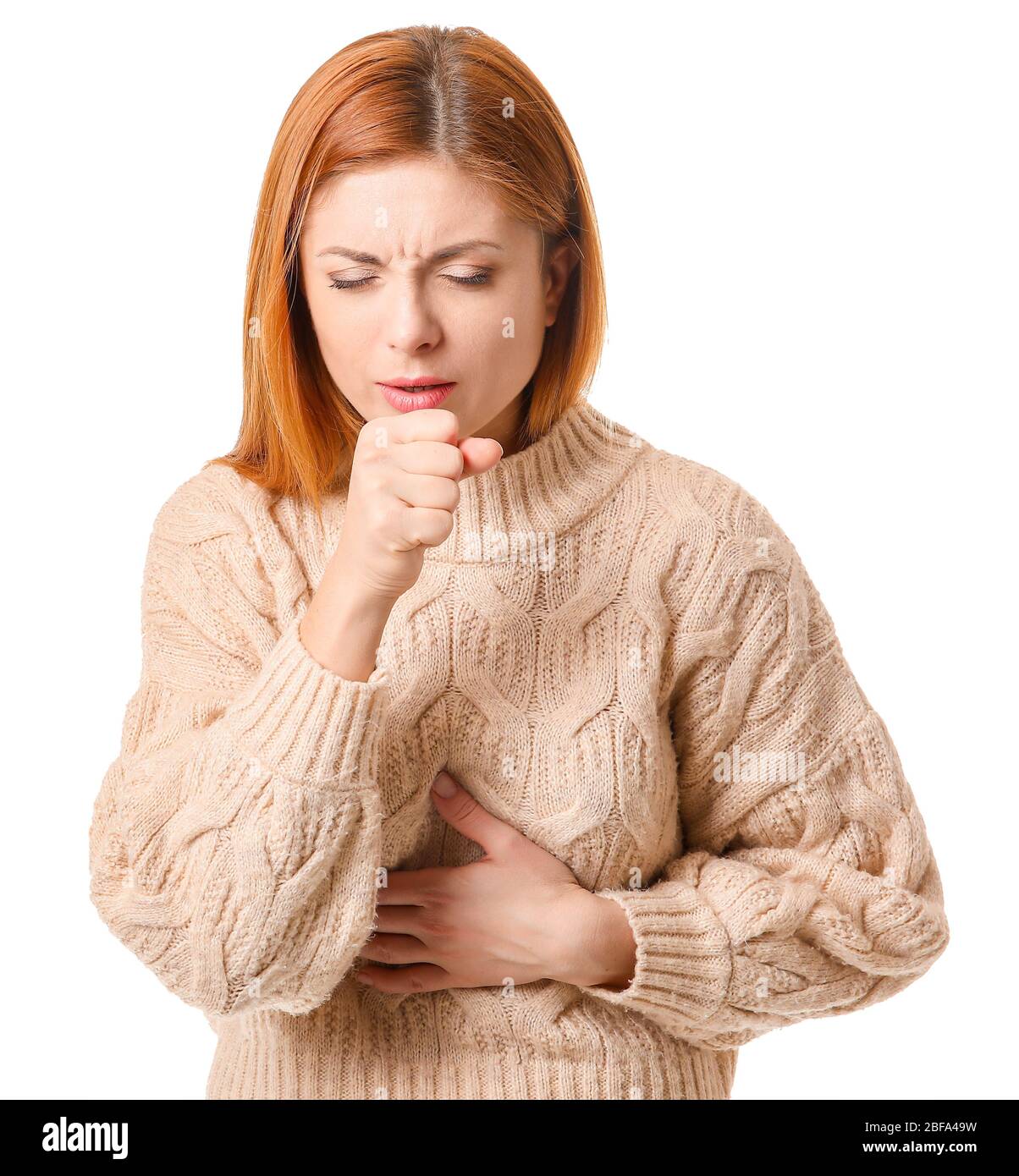 Coughing woman on white background Stock Photo - Alamy