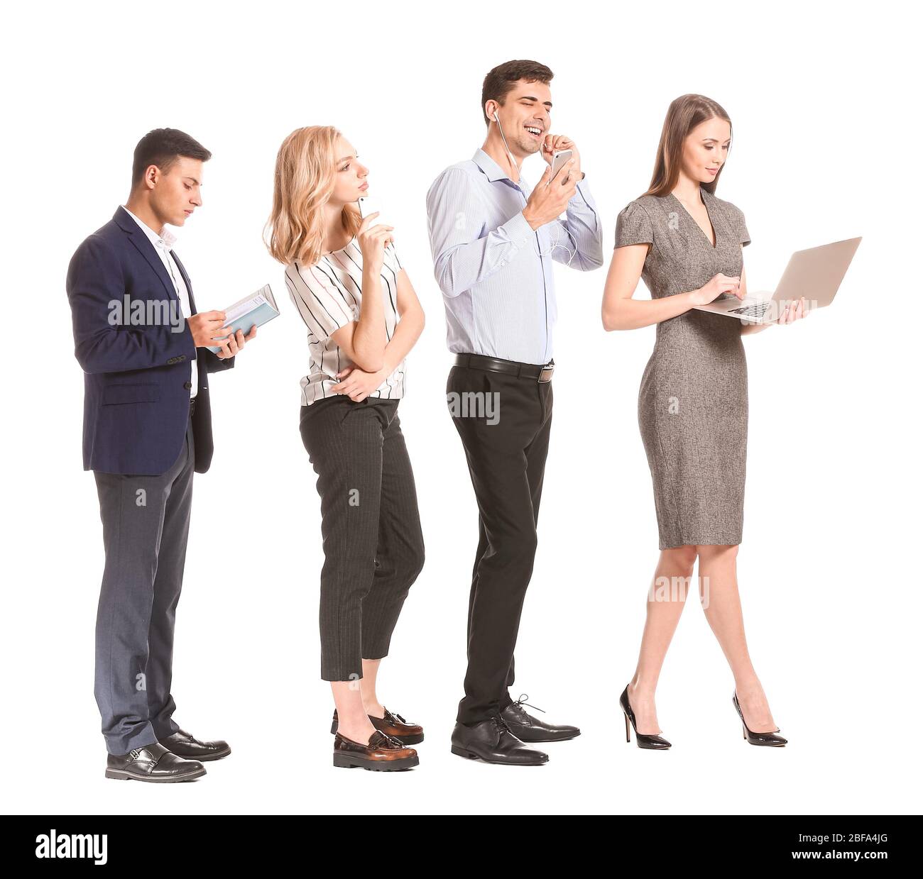 Young business people waiting in line on white background Stock Photo ...