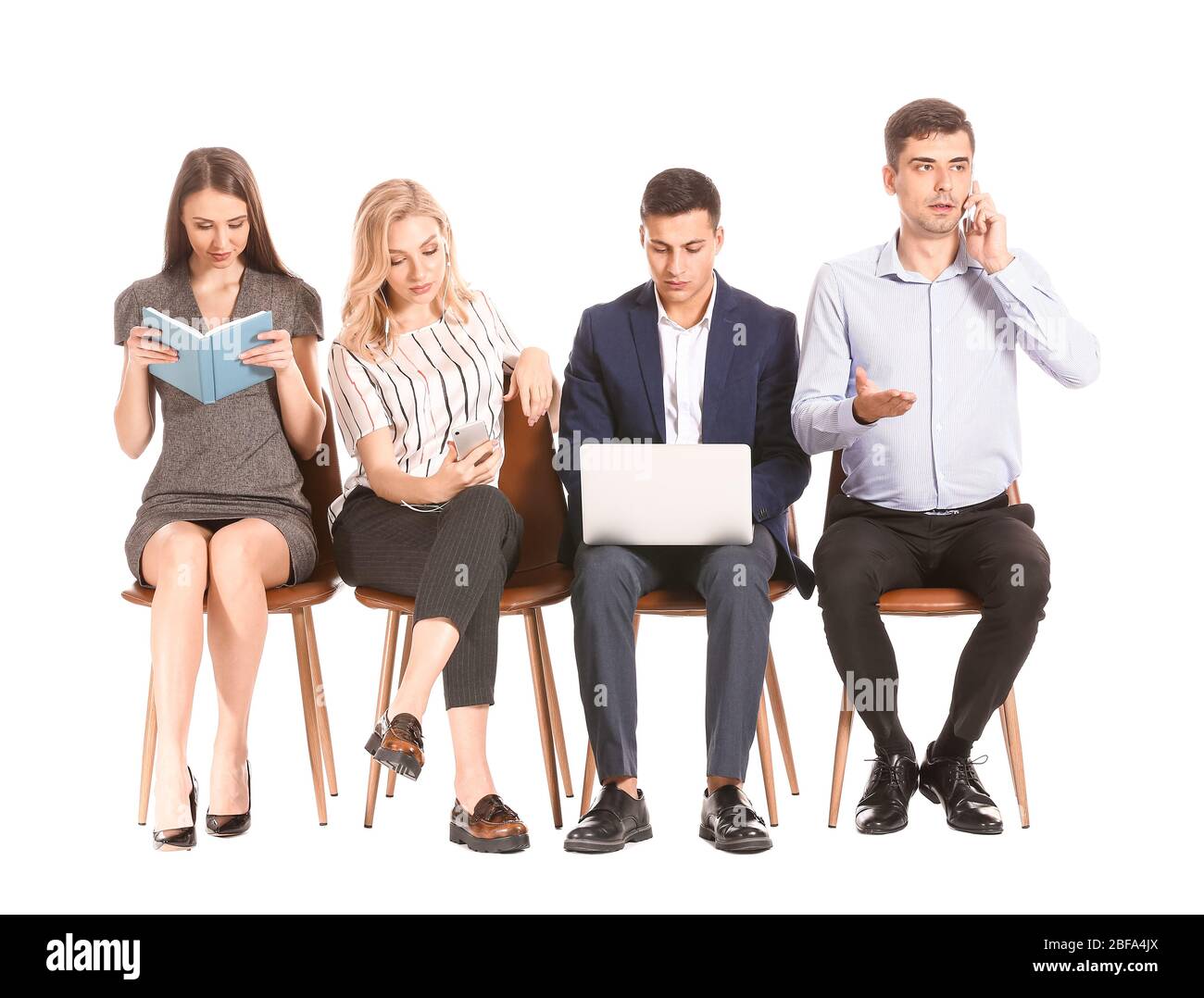 Young business people waiting in line on white background Stock Photo ...