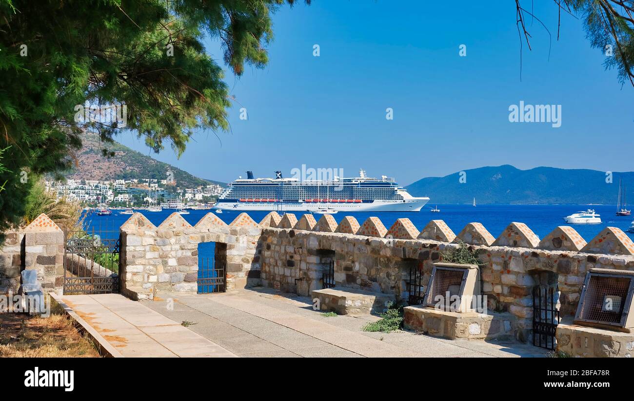 Bodrum Downtown with castle, beach and marina. View of Bodrum Beach ...