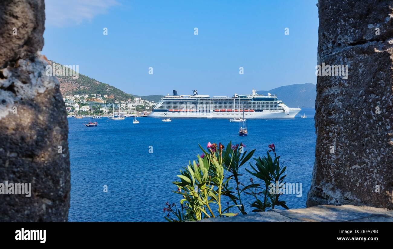 Bodrum Downtown with castle, beach and marina. View of Bodrum Beach ...