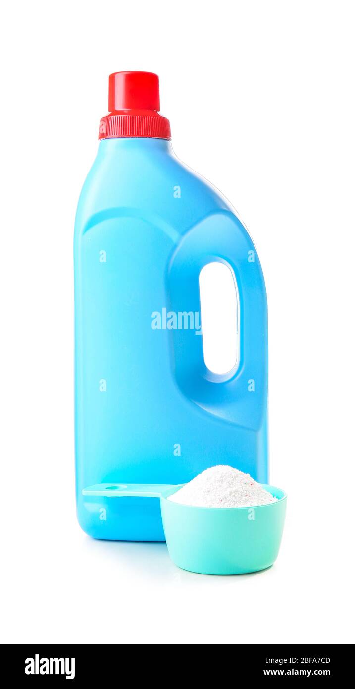 Different laundry detergents on white background Stock Photo - Alamy