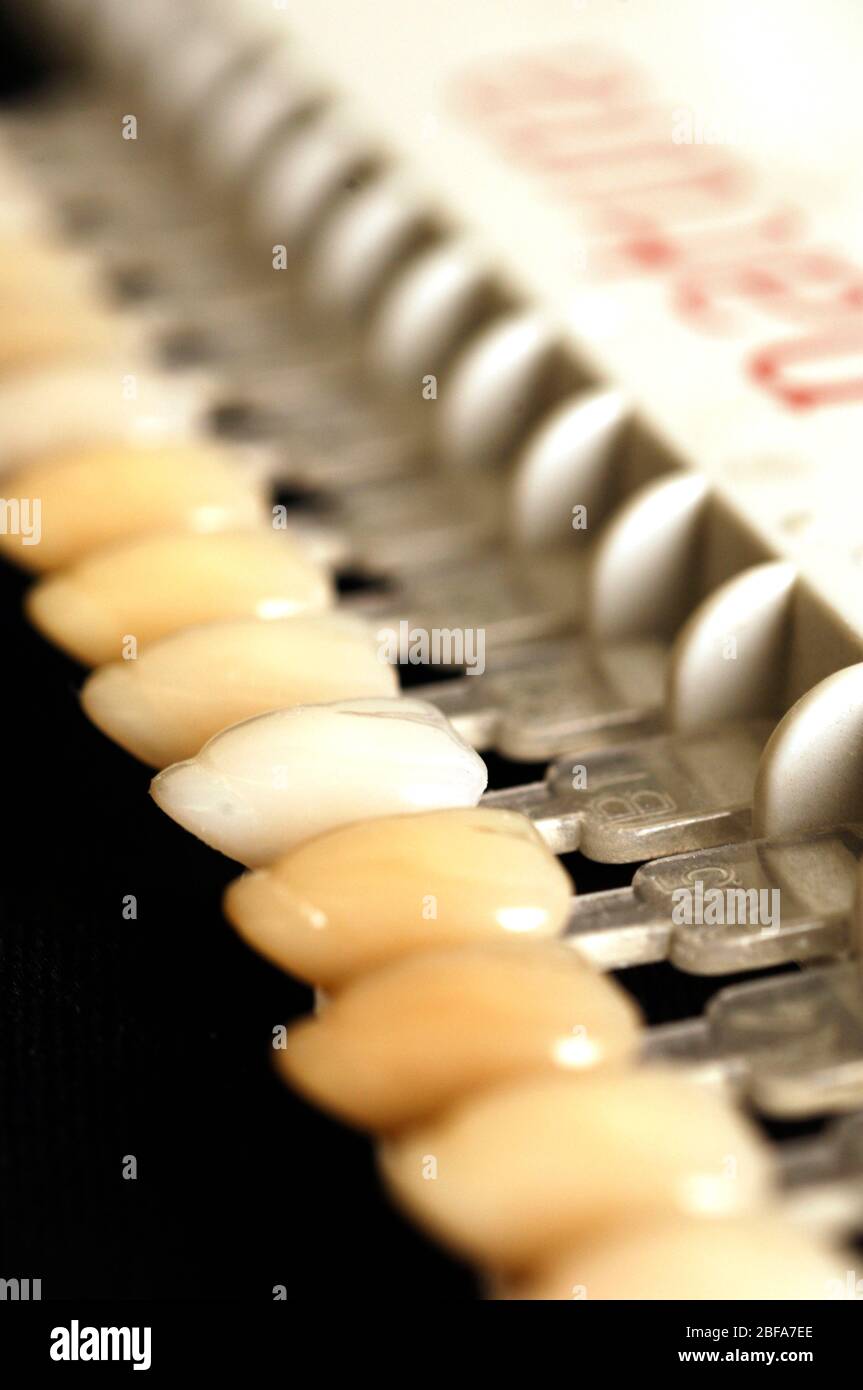 A sample of colours from differently coloured teeth for dentures Stock ...