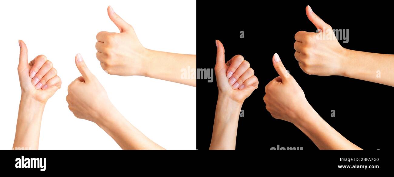 Woman holding hands in gesture of like sign, giving thumb up. Isolated ...