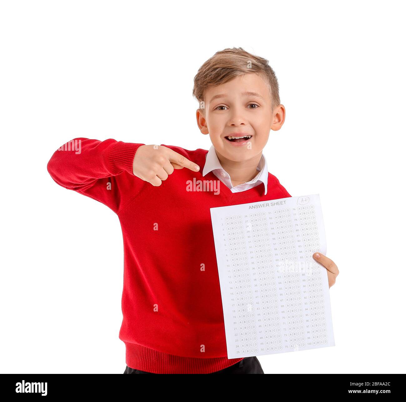 Pupil with answer sheet for school test on white background Stock Photo ...
