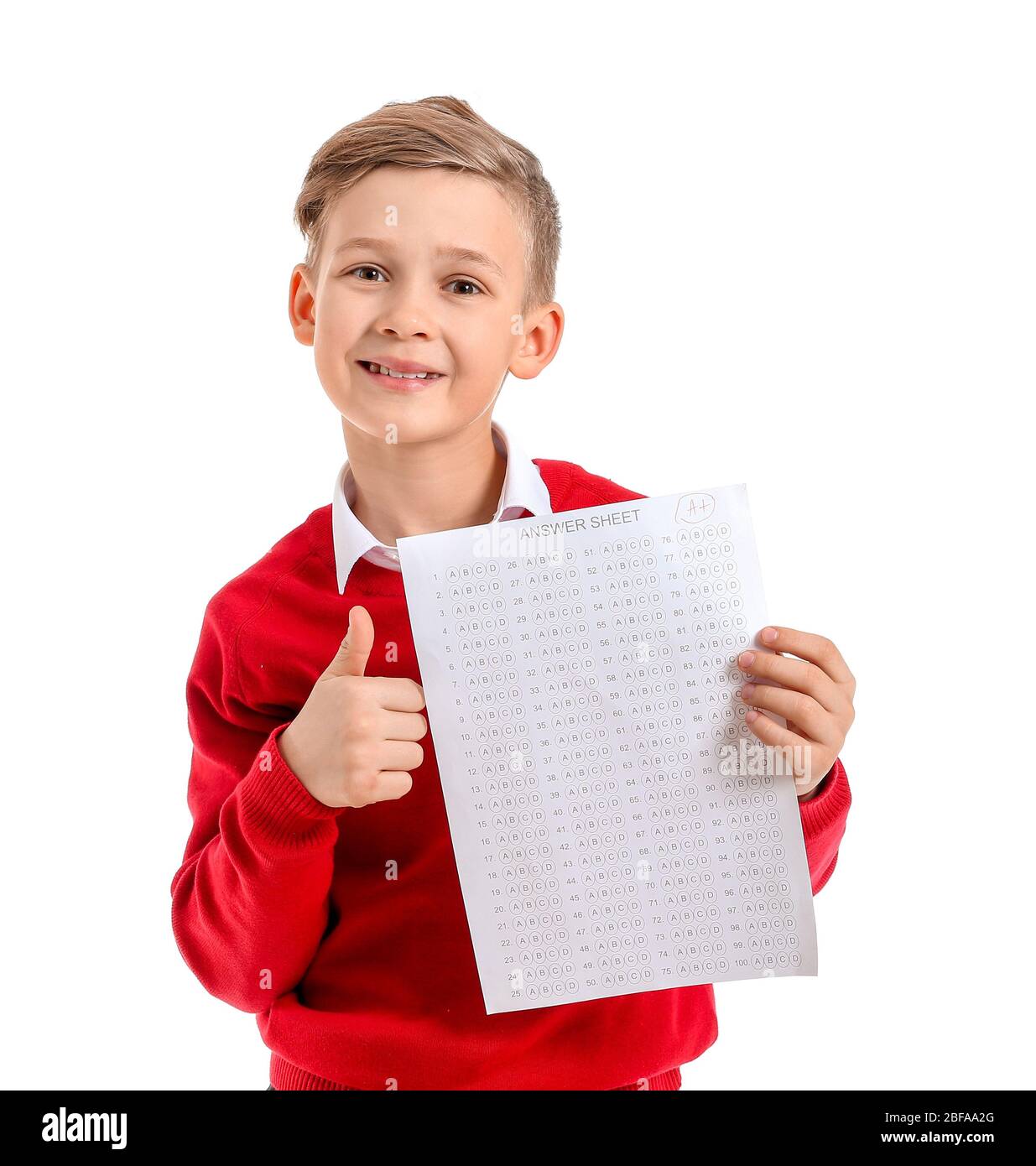 Pupil with answer sheet for school test on white background Stock Photo ...