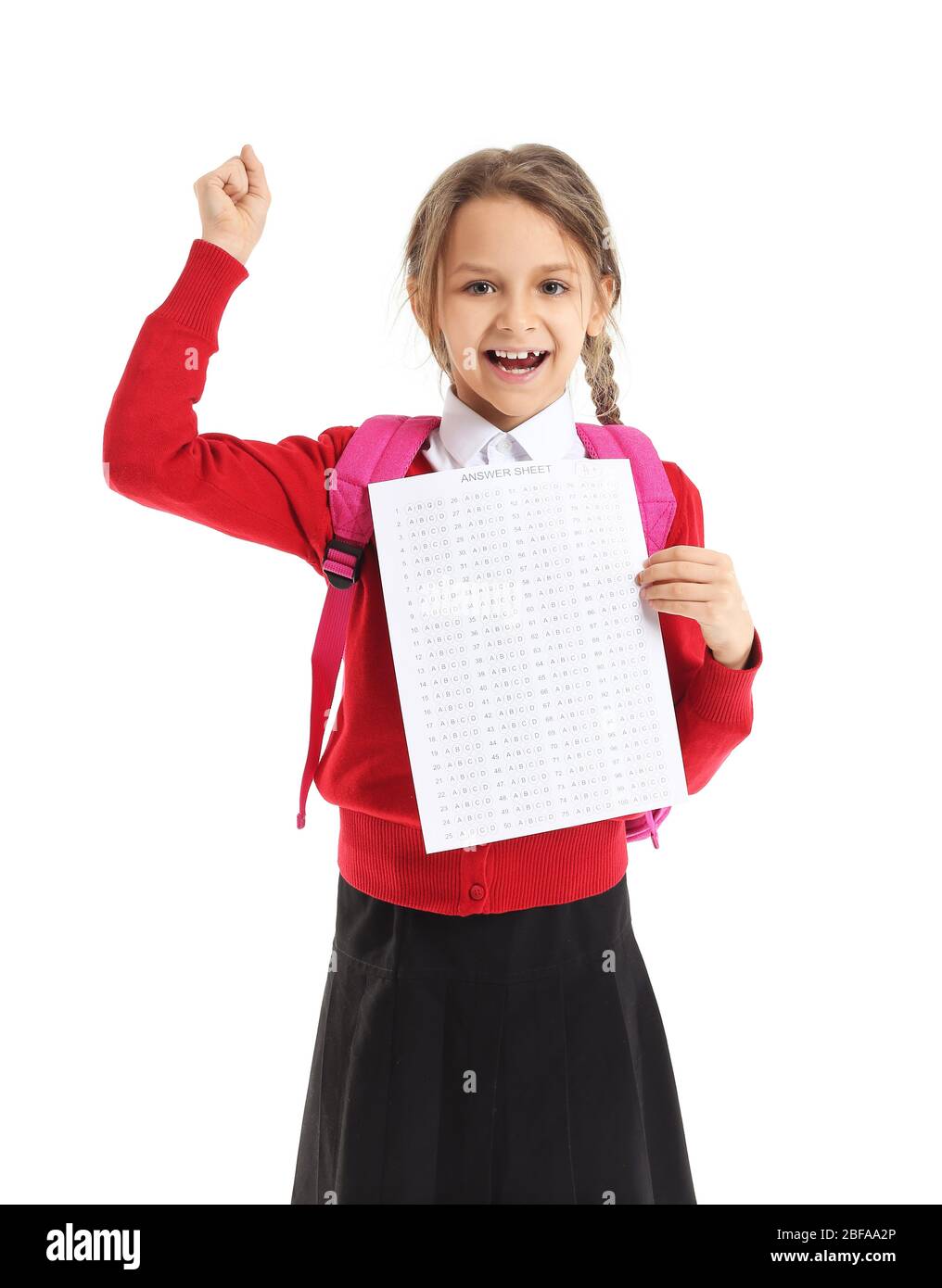 Pupil with answer sheet for school test on white background Stock Photo ...