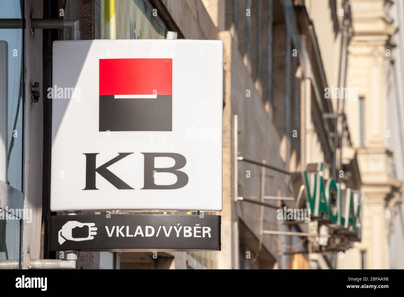 PRAGUE, CZECHIA - OCTOBER 31, 2019: KB Bank, or Komercni banka logo in ...