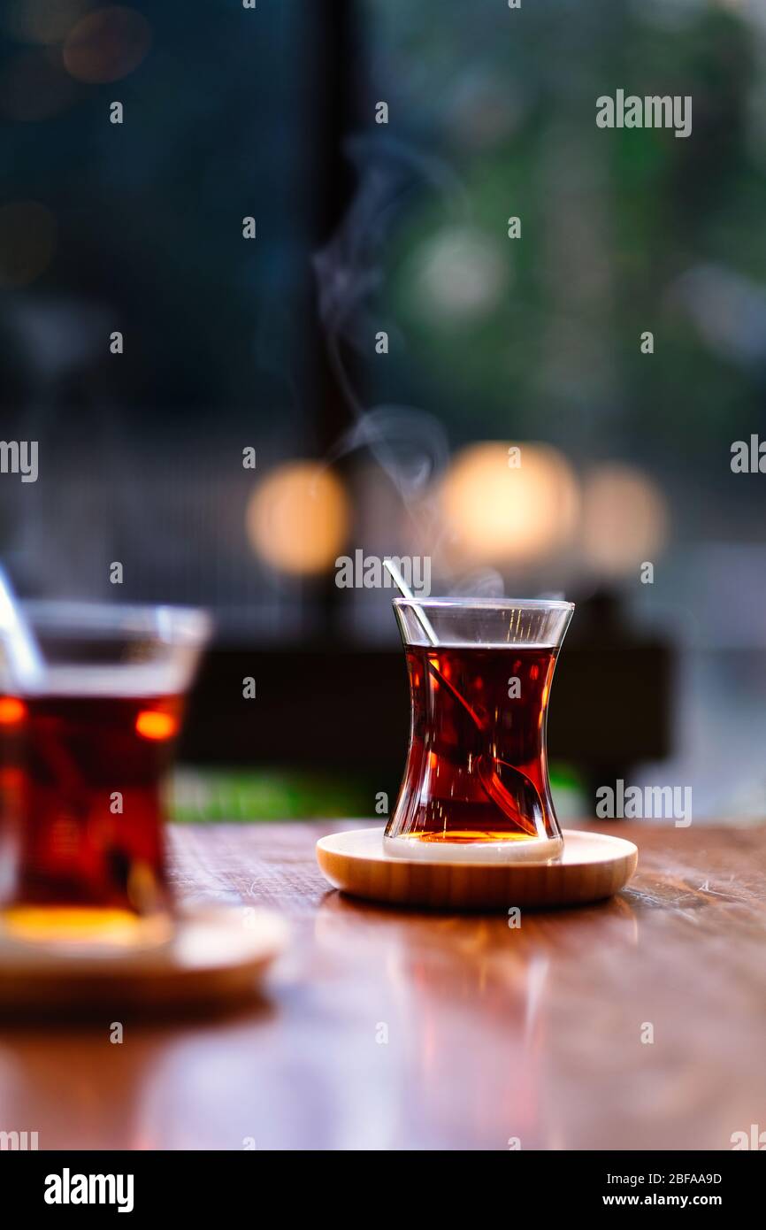 Traditional Turkish Tea on Wooden Table. Traditional Turkish Tea blur ...