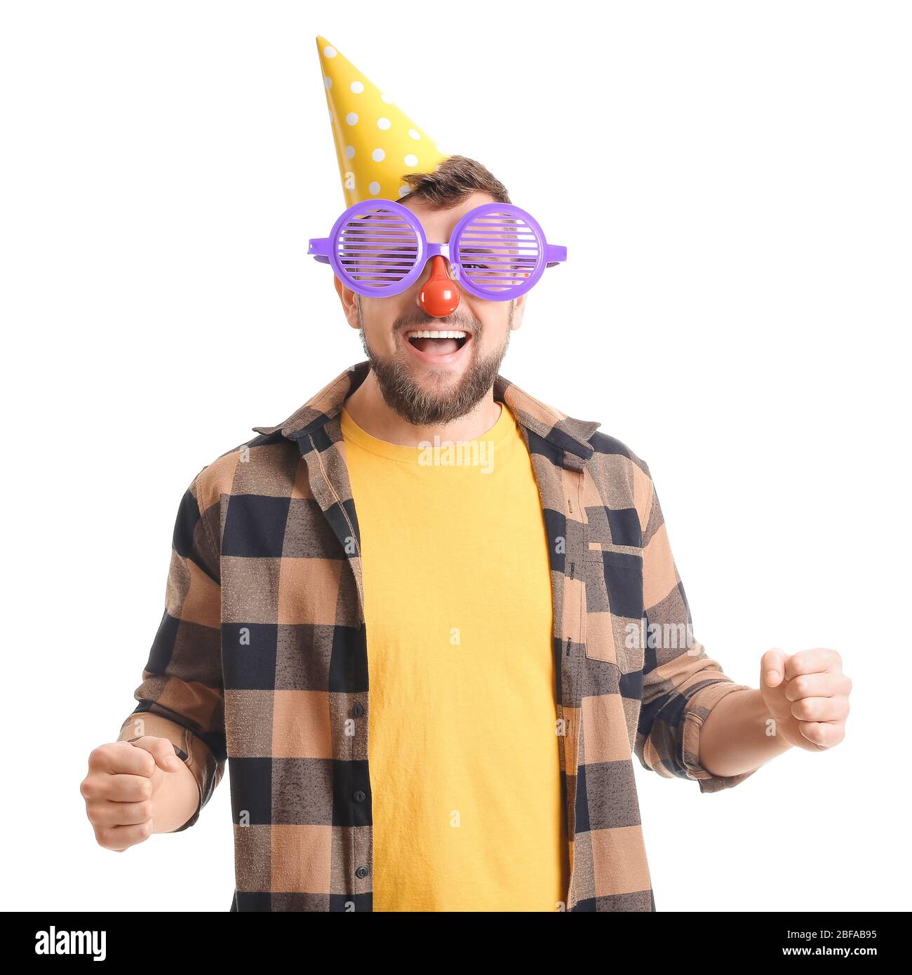 Handsome man celebrating Birthday on white background Stock Photo - Alamy
