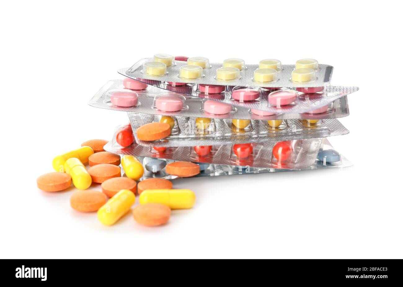 Different pills on white background Stock Photo - Alamy