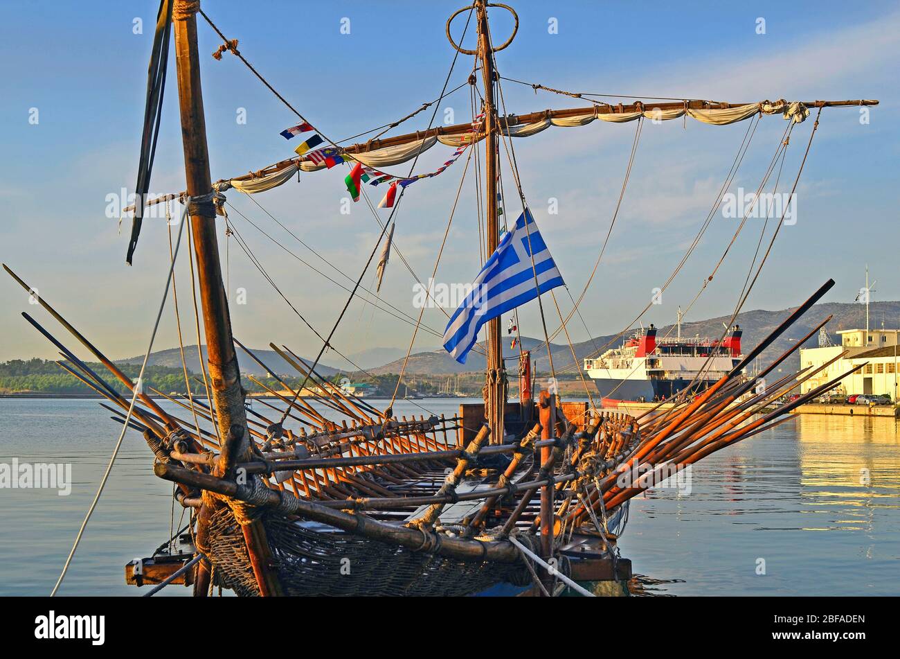 Volos, Greece, rowing boat - galley in the harbour of Volos, in ...