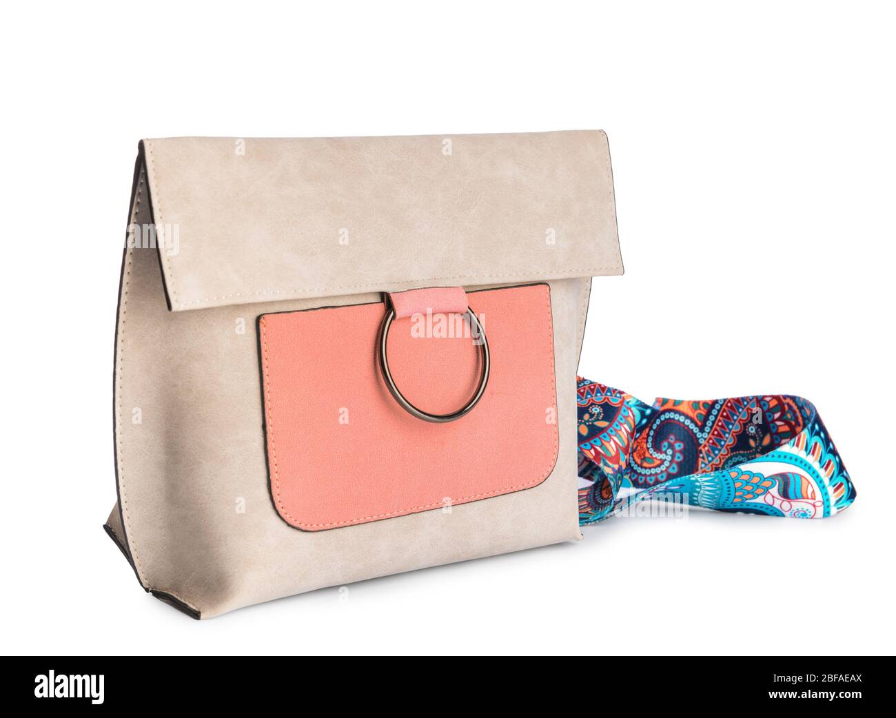 Stylish bag with scarf on white background Stock Photo - Alamy