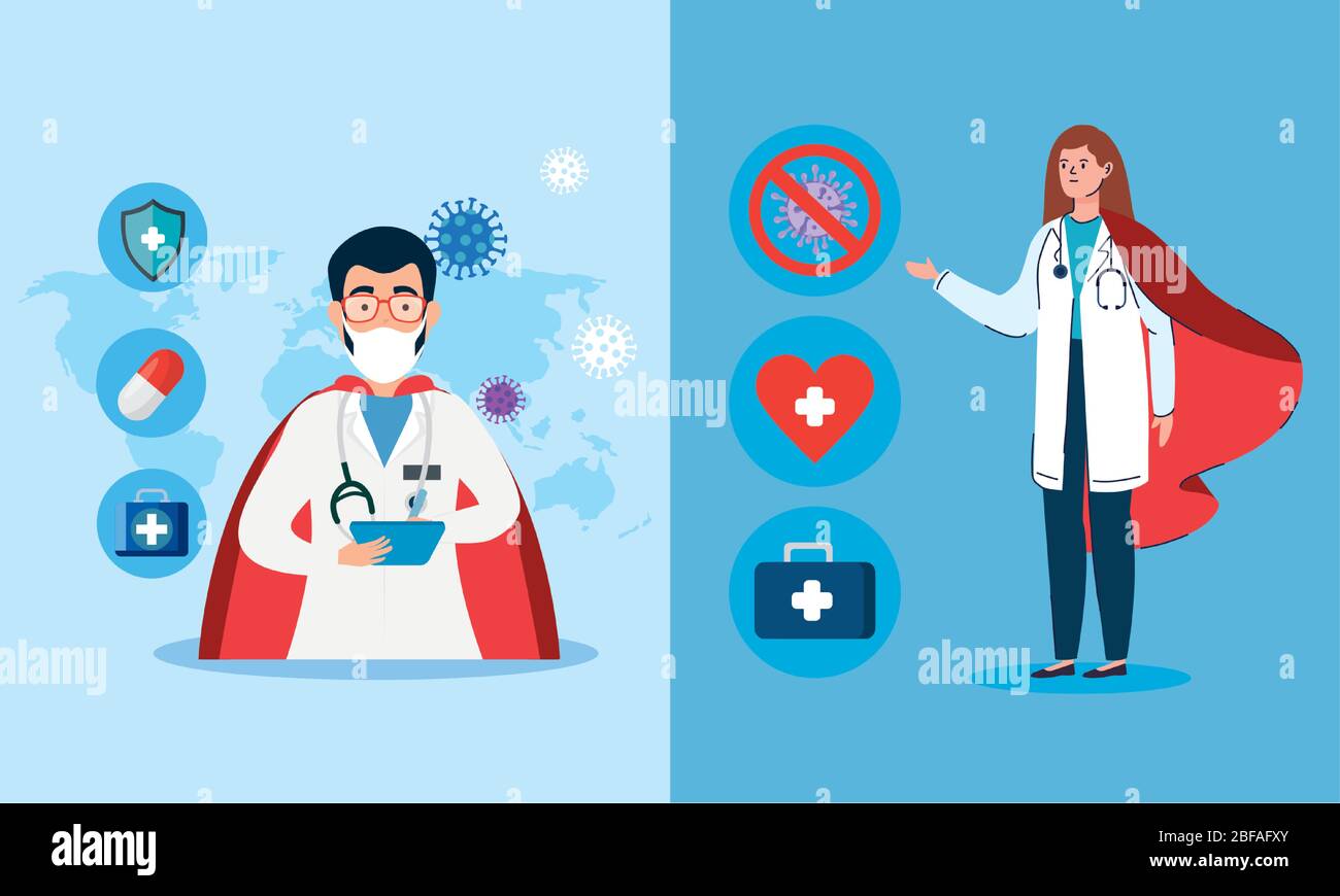 set banner of super doctor with hero cloak and medicine icons Stock ...