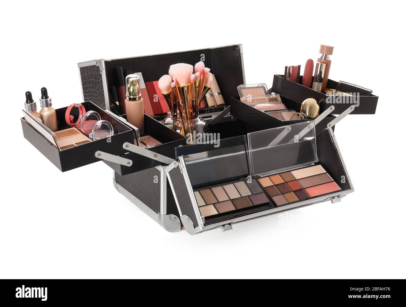 Case of professional makeup artist with decorative cosmetics on white ...