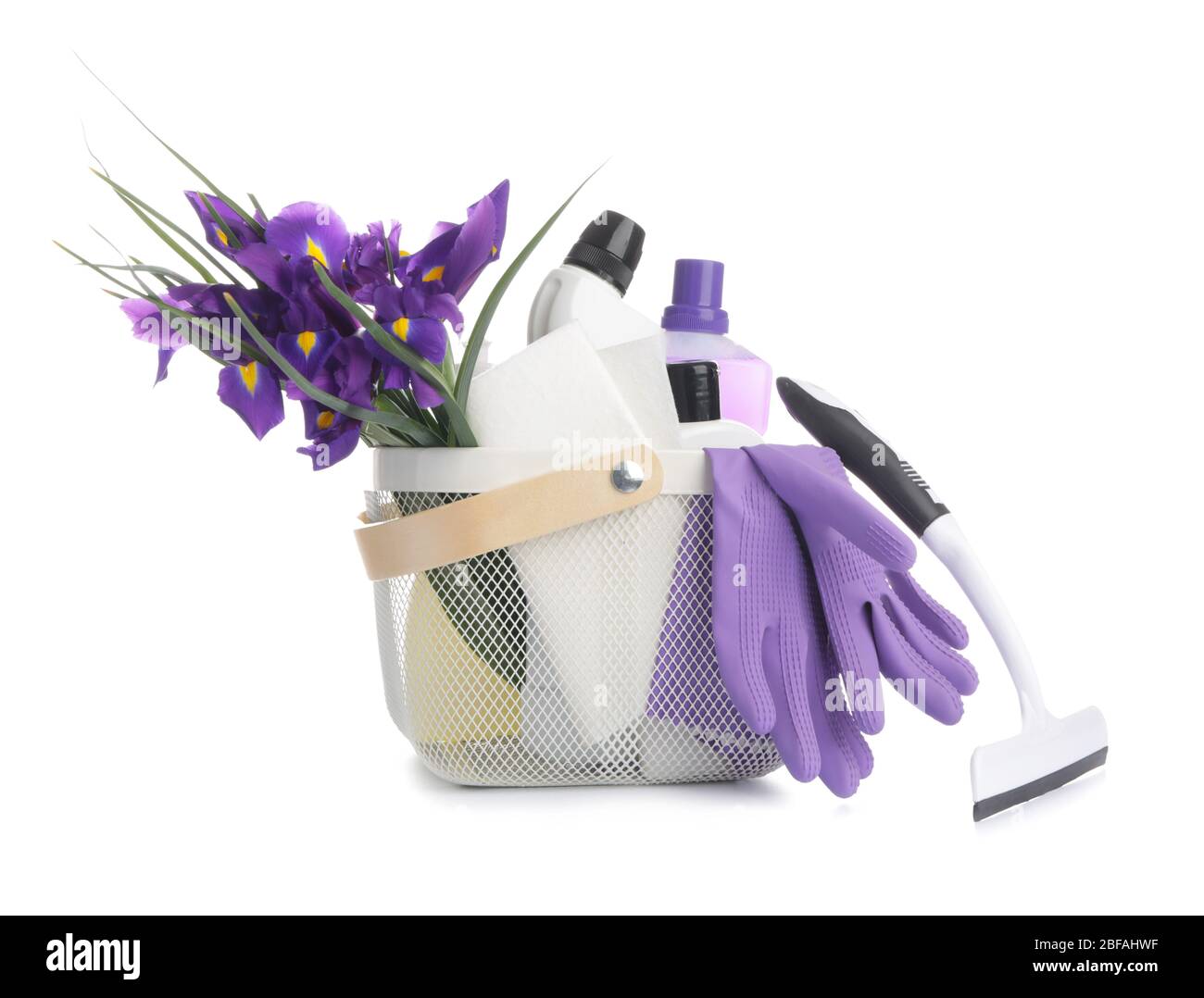 Set of cleaning supplies and spring flowers on white background Stock ...