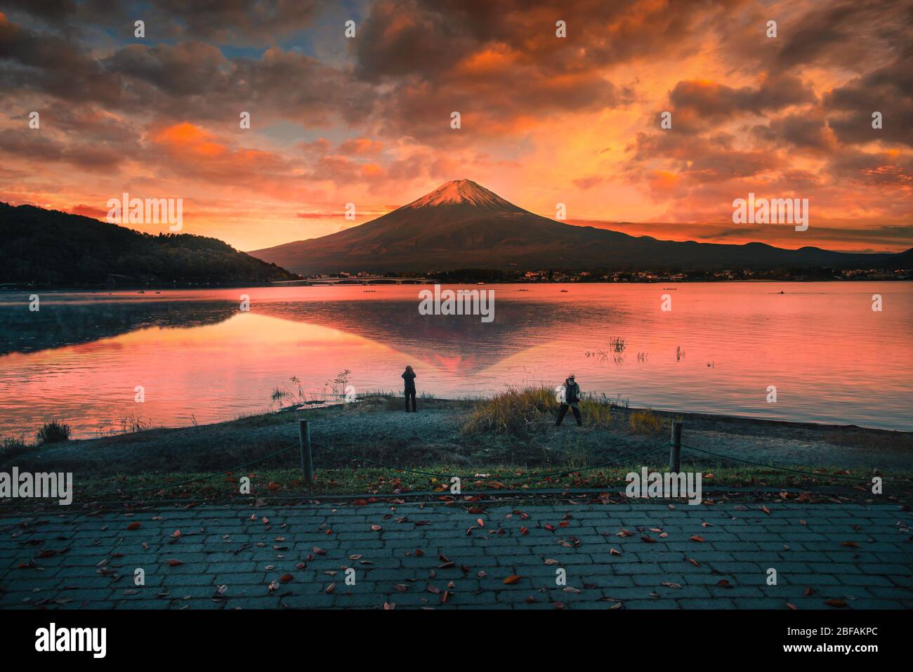 Landscape image of Mt. Fuji over Lake Kawaguchiko with autumn foliage at sunrise in ...