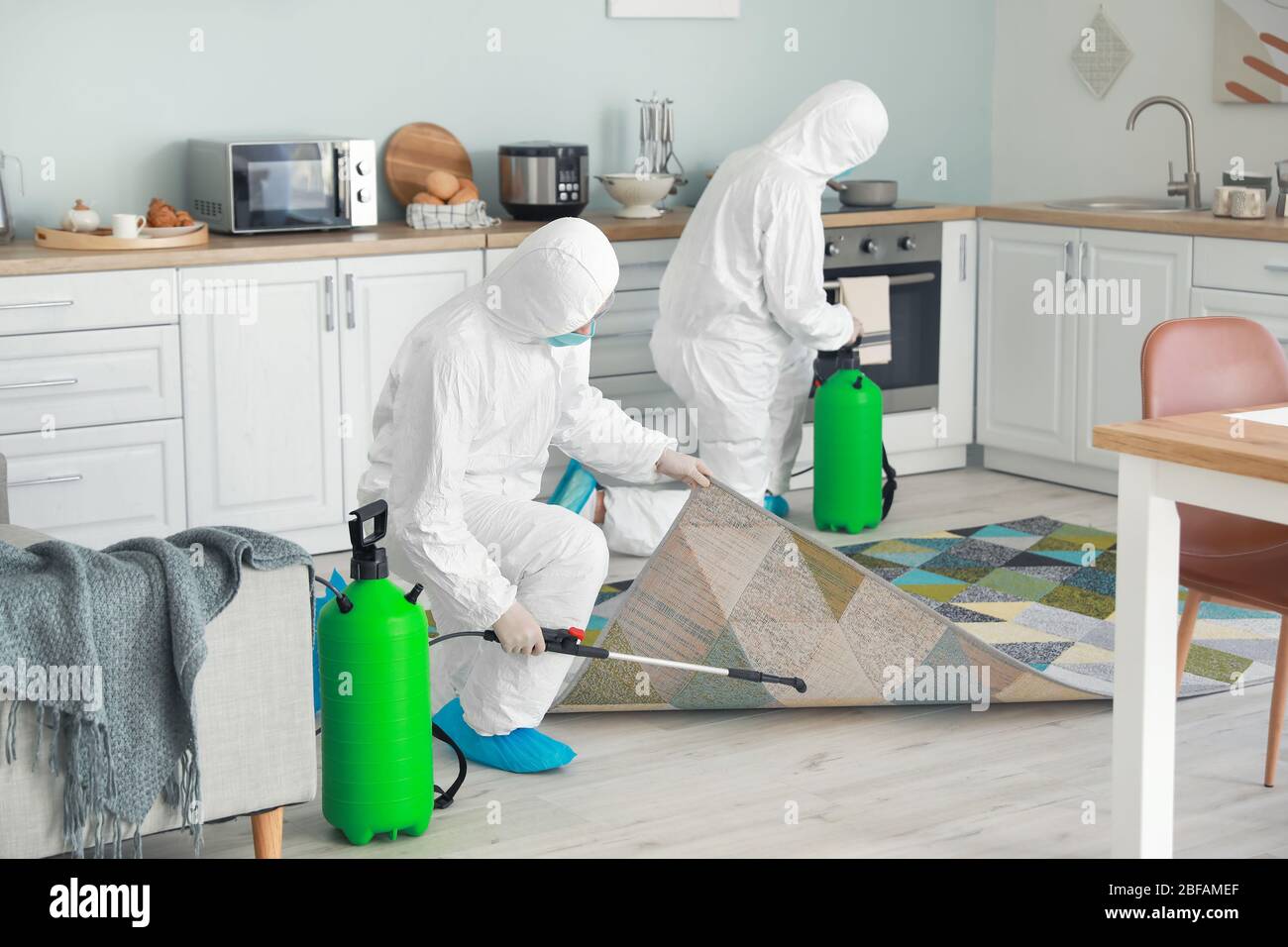 Workers in biohazard suits disinfecting house Stock Photo - Alamy