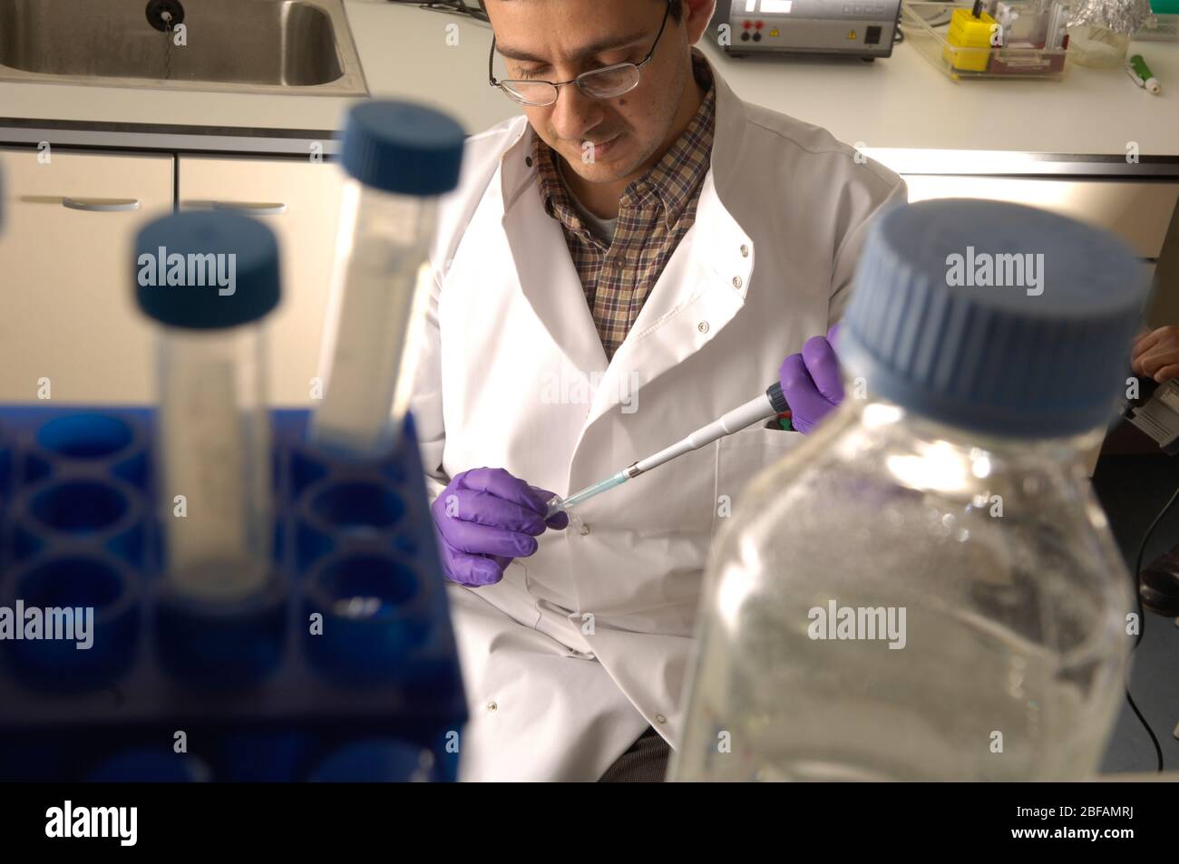 Laboratory technician filling plastic vials with medical solution Stock ...
