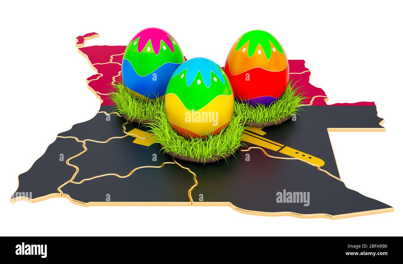 Easter holiday in Angola, Easter eggs on the Angolan map. 3D rendering ...