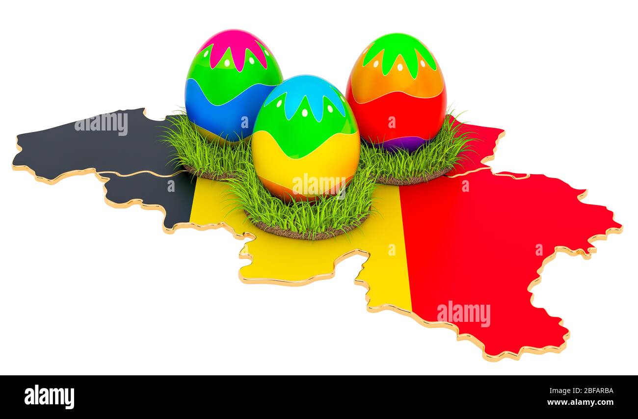 Easter holiday in Belgium, Easter eggs on the Belgian map. 3D rendering ...