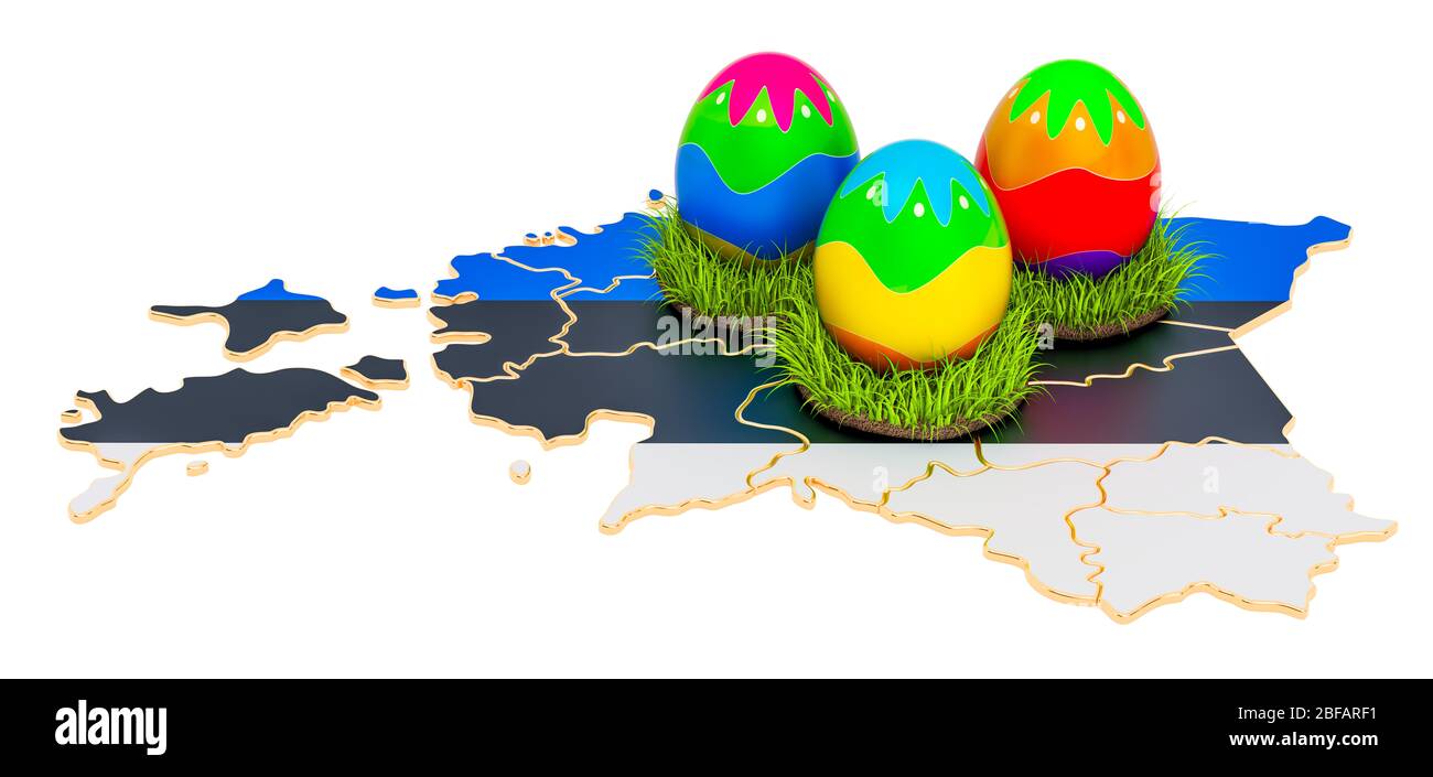 Easter holiday in Estonia, Easter eggs on the Estonian map. 3D ...