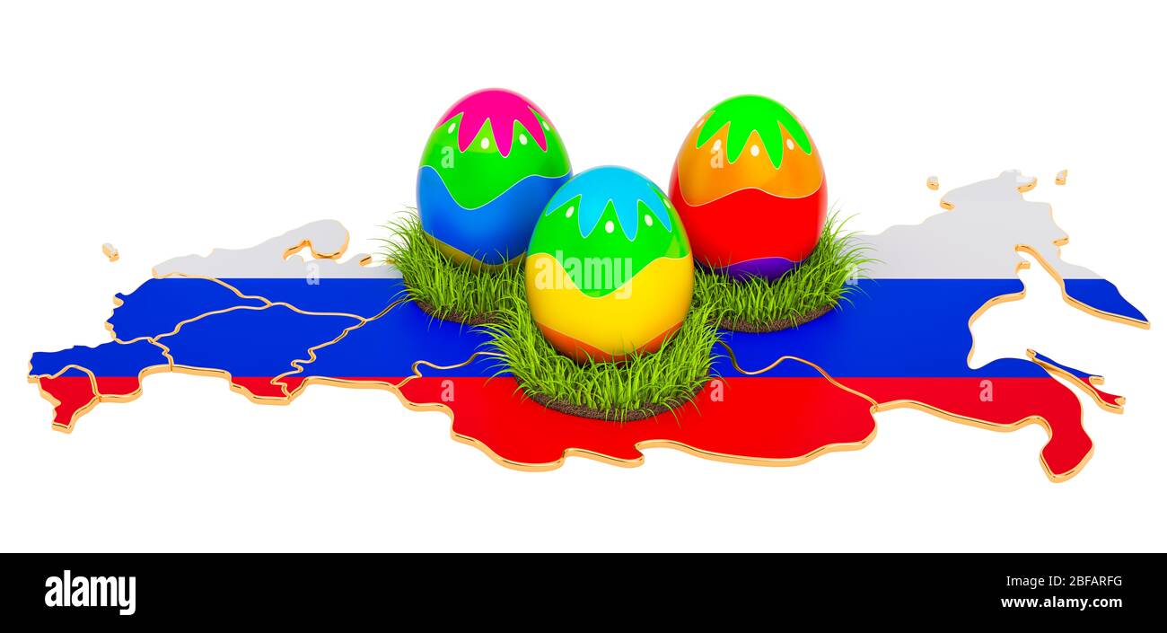 Easter holiday in Russia, Easter eggs on the Russian map. 3D rendering ...