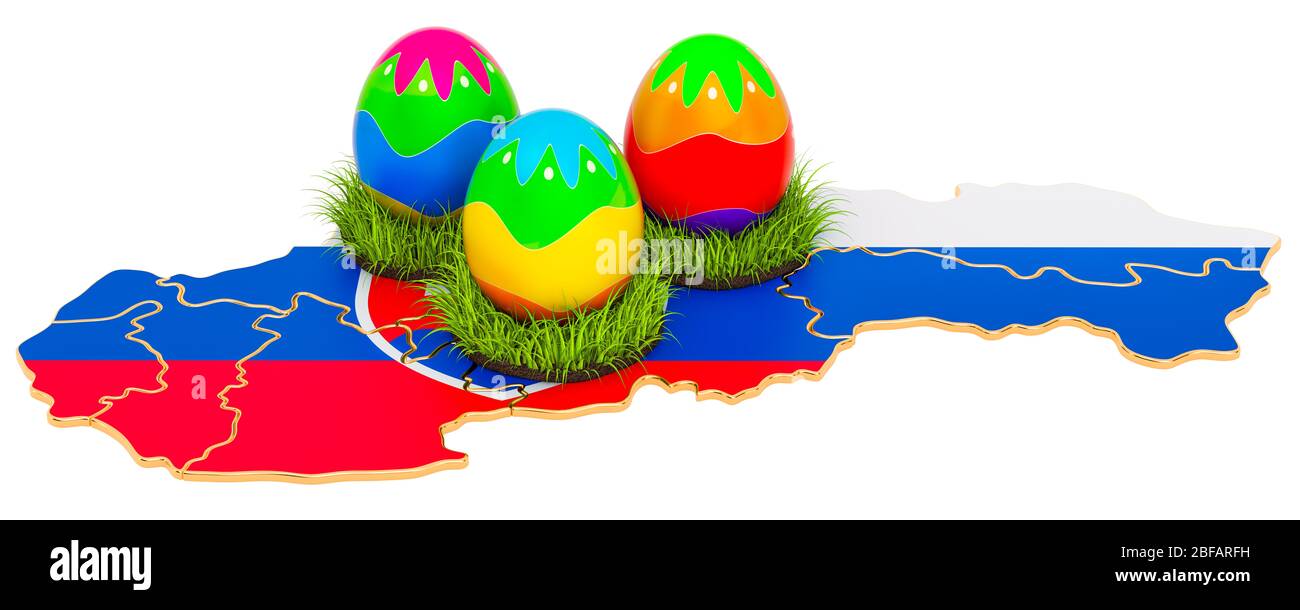 Easter holiday in Slovakia, Easter eggs on the Slovak map. 3D rendering ...