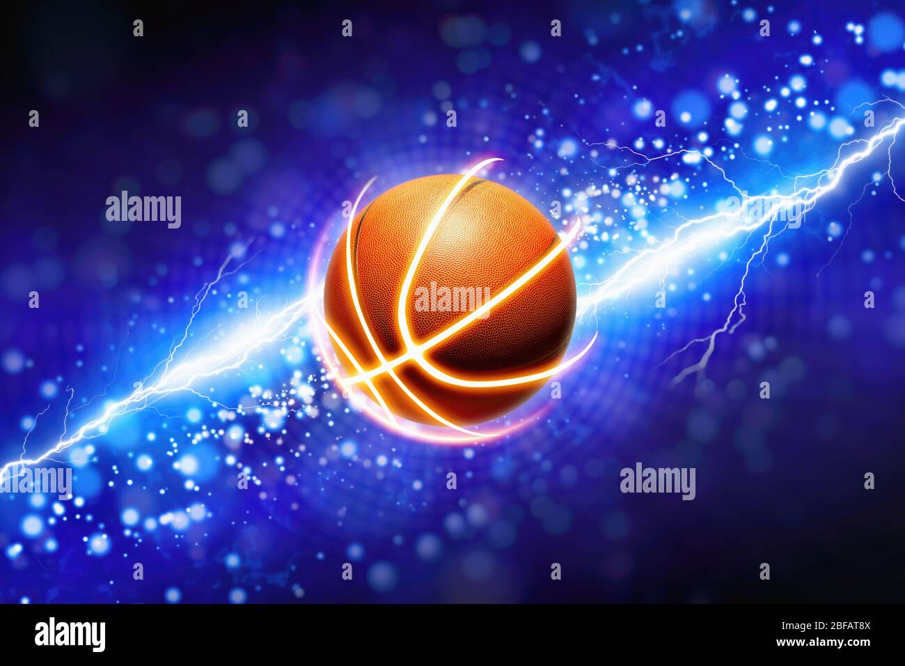 Abstract sports background - basketball and powerful blue lightning ...