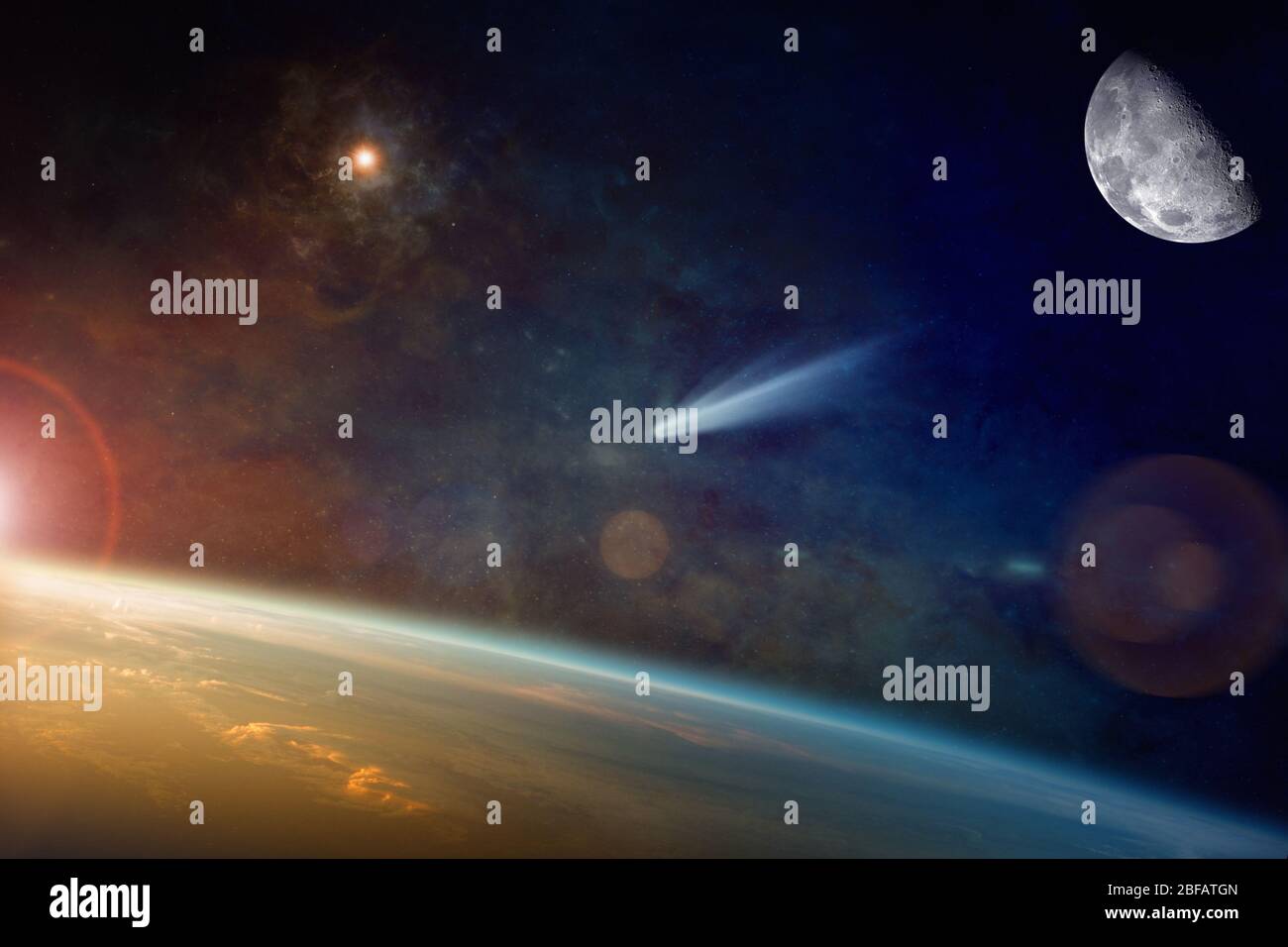 Astronomical scientific background - bright comet approaching to planet ...