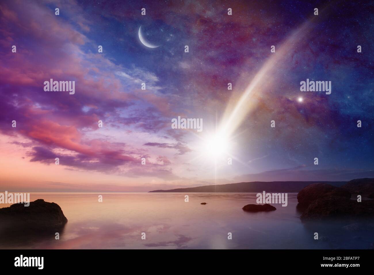 Amazing tranquil background - beautiful glowing pink sunset, serene sea ...