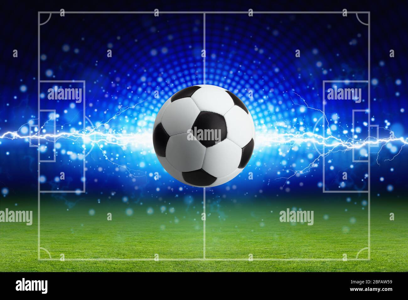 Abstract sports background - soccer ball, bright blue lightning, green ...